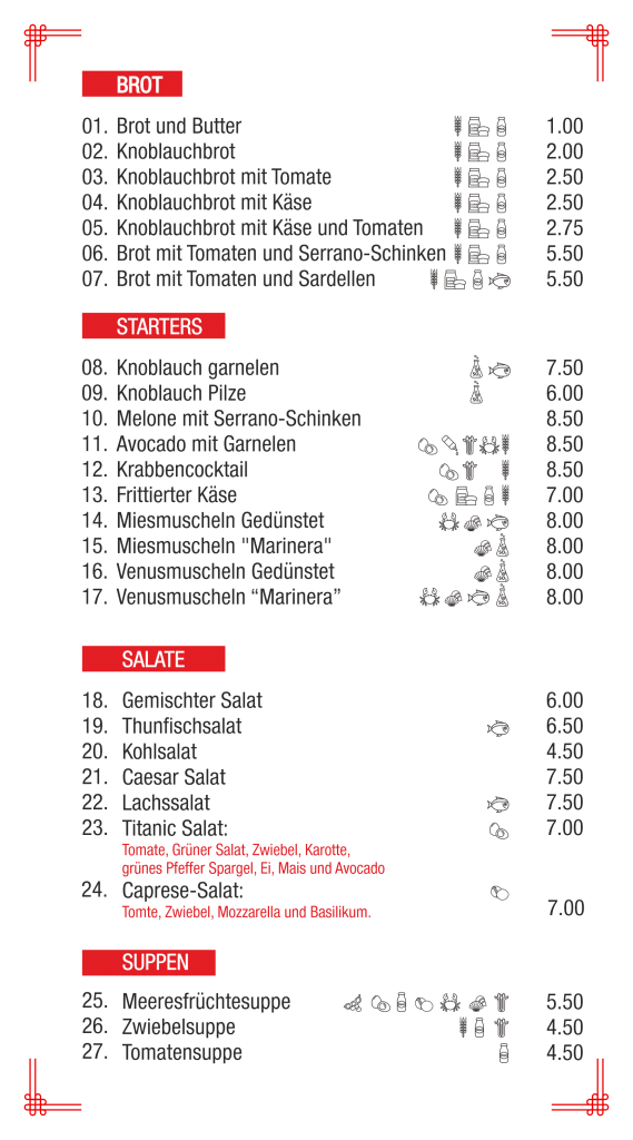 Pizzeria Titanic Menu Alemán - Sur de Tenerife